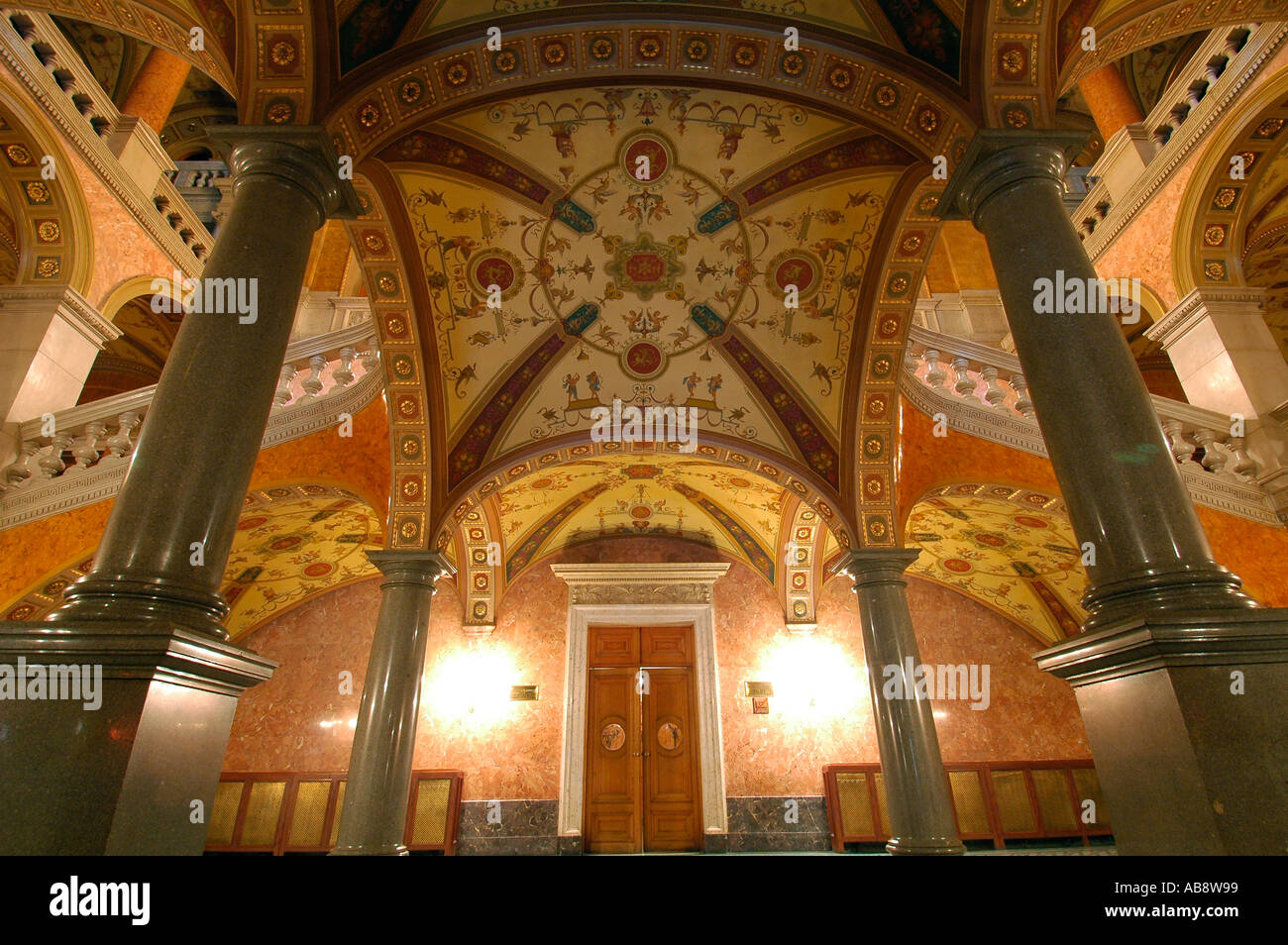 The decorated foyer of The Hungarian State Opera House built in neo ...