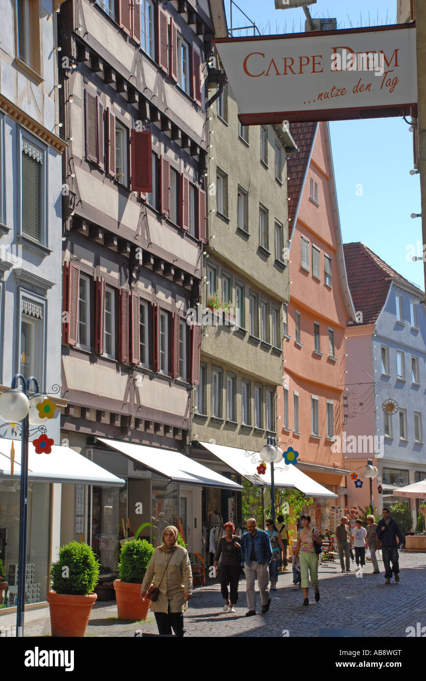 Pedestrian area with view af the big tower on the castle, Esslingen at ...