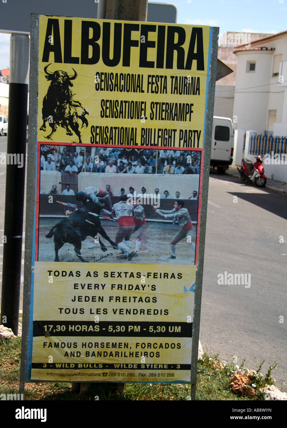 Advert for a bull fight in Albufeira old town, Algarve, Portugal ...