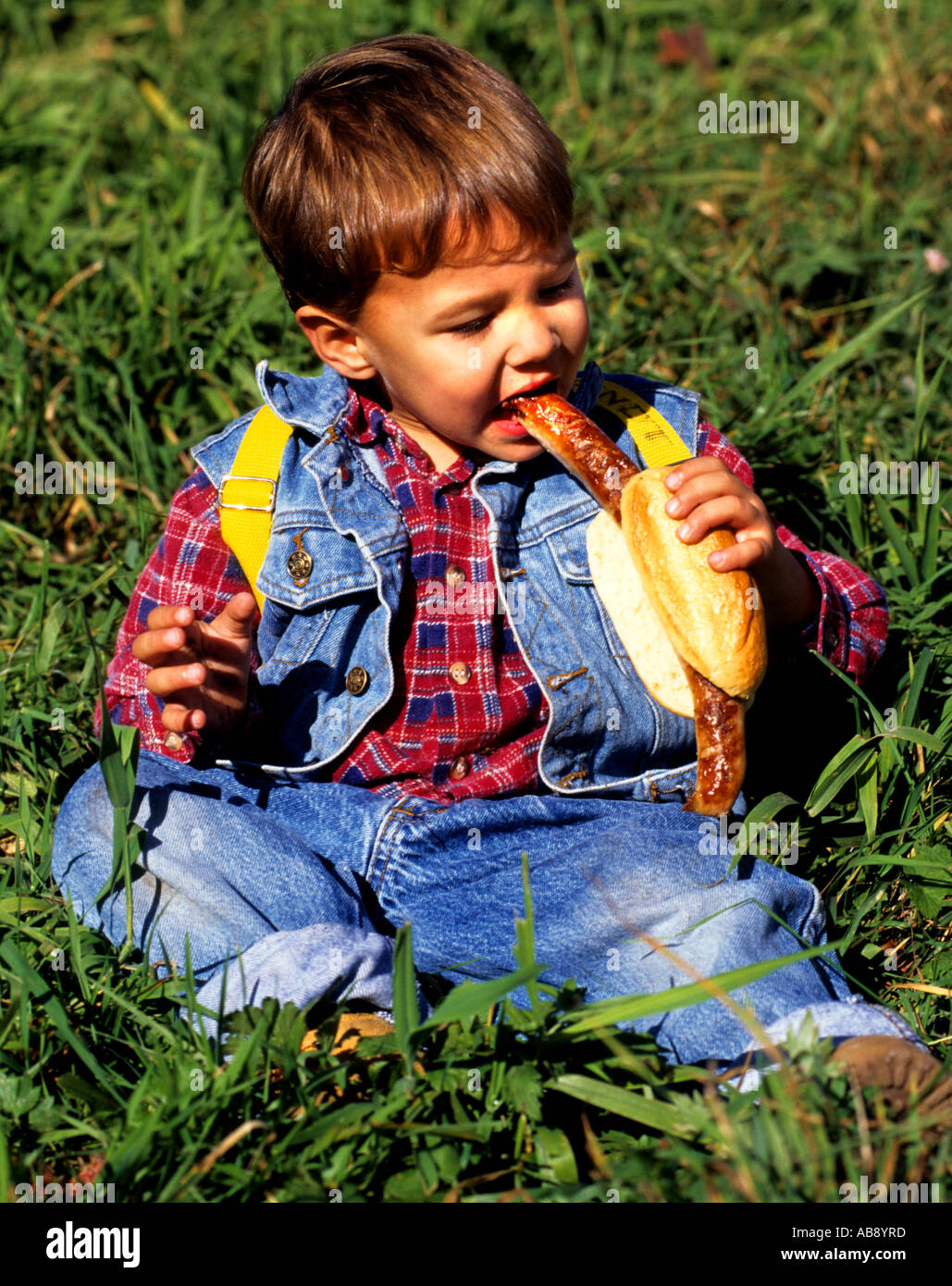 Boy eating sausage Germany Thuringia Wald Wood Trees German Stock Photo ...