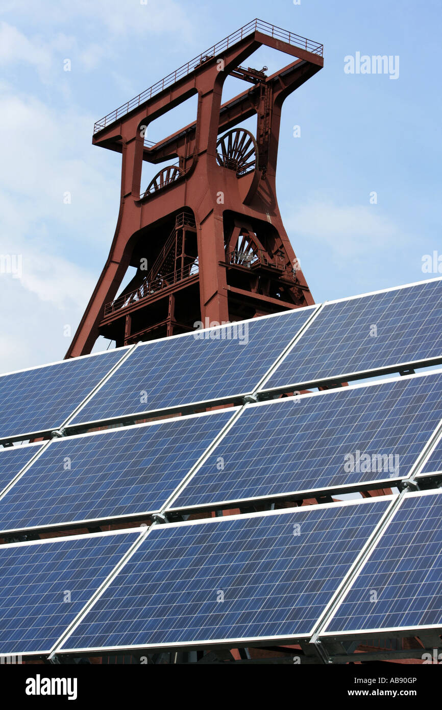 Solar energy, panels, winding tower of former coal mine pit Zollverein ...