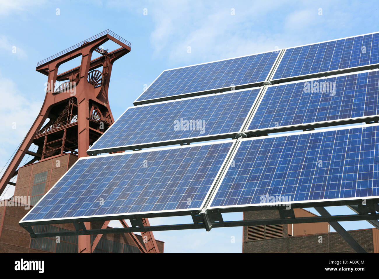 Solar energy, panels, winding tower of former coal mine pit Zollverein ...