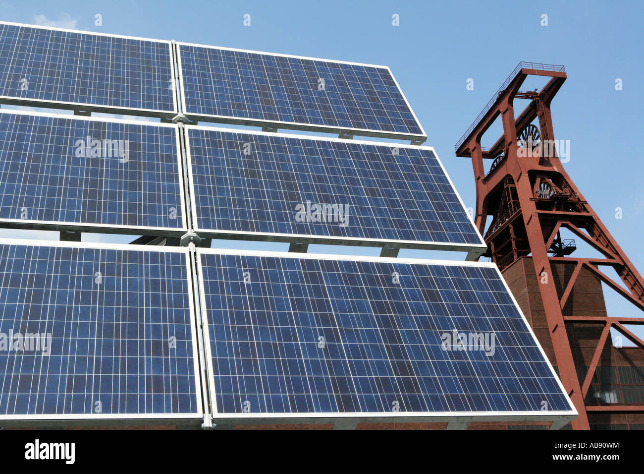 Solar energy, panels, winding tower of former coal mine pit Zollverein ...