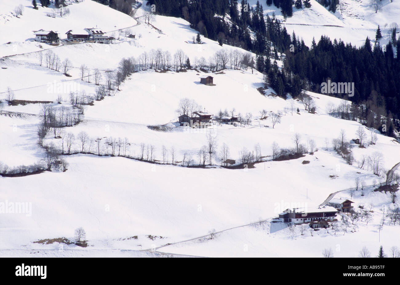 Snow covered Fields On Alpine Mountainside near Soll in Austria Stock ...