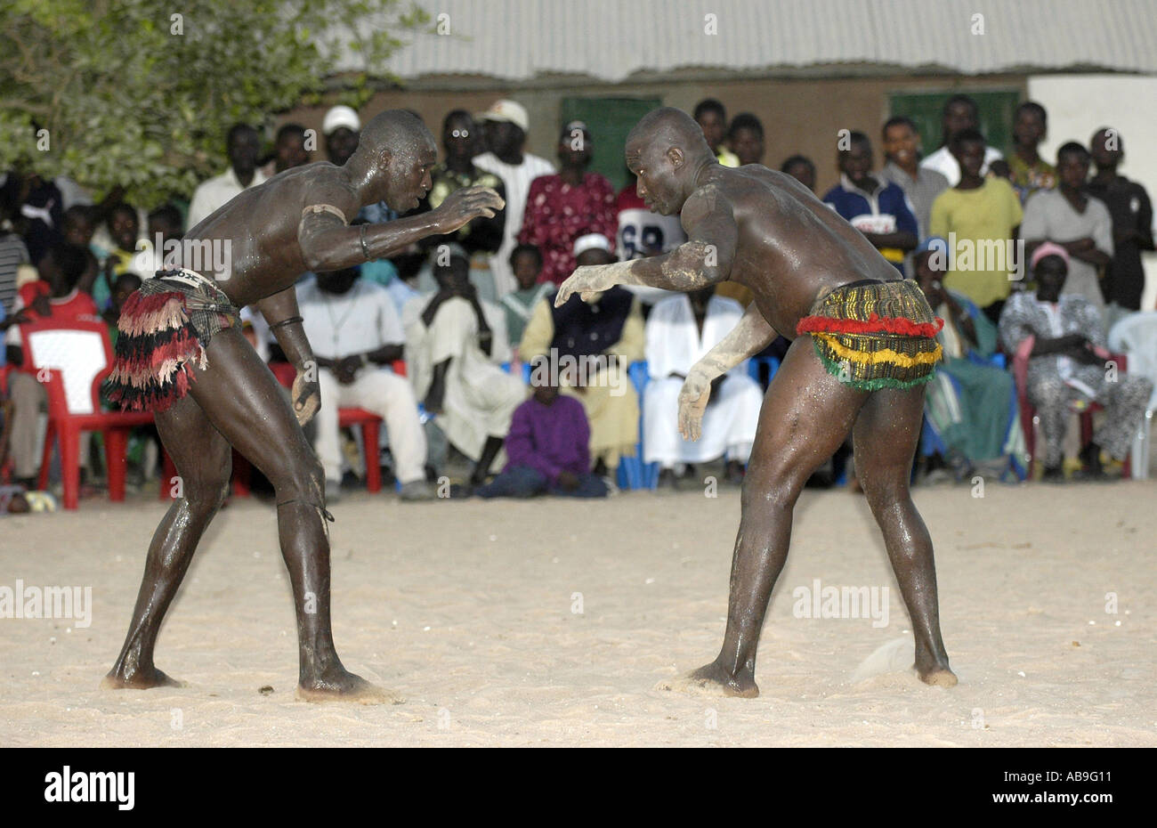 wrestling match at Abn festival, fighters in arena, Senegal, Casamance ...