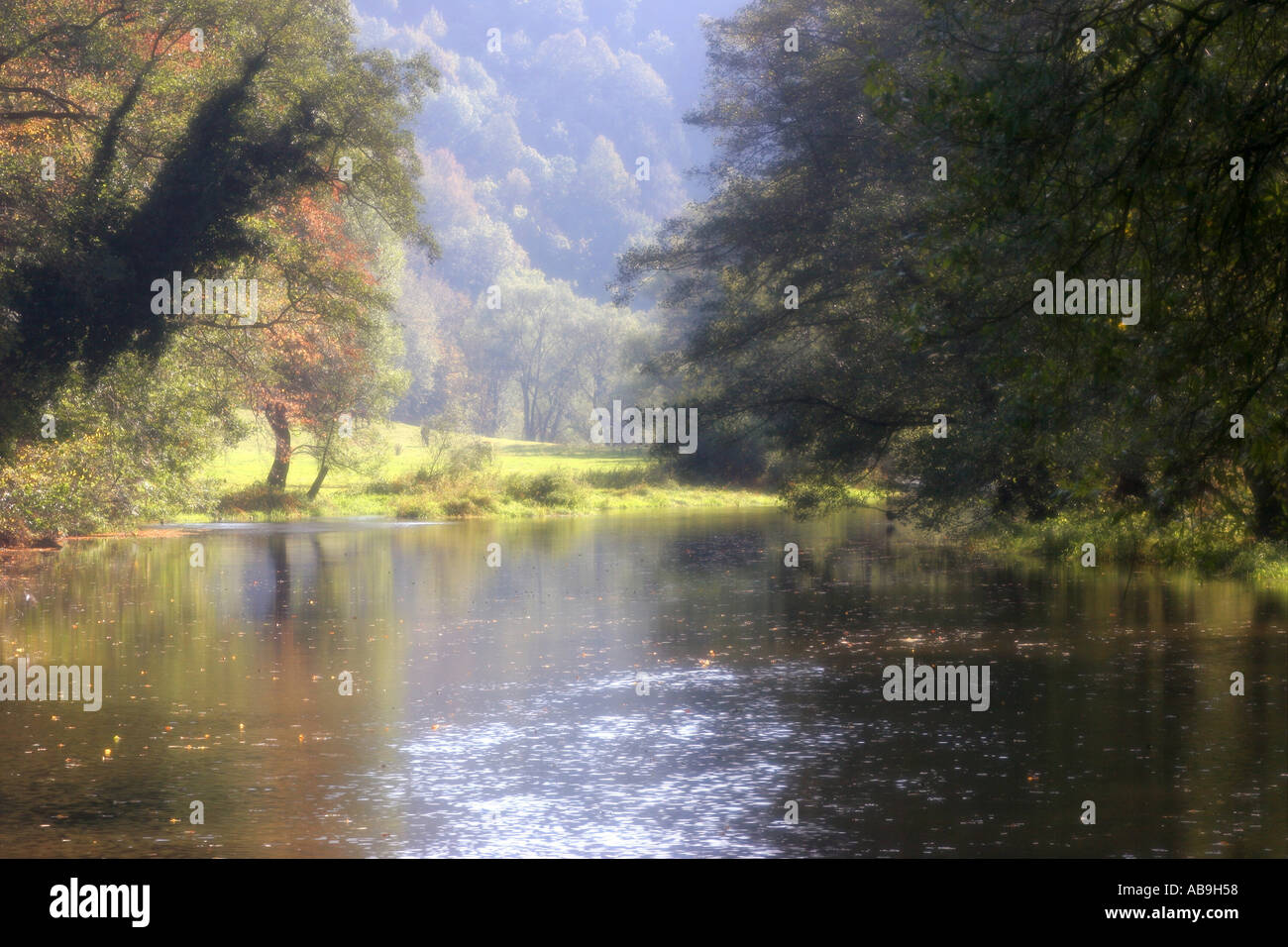 Weisse Elster, idyllic river in valley, Germany, Vogtland, Plauen, Sep ...