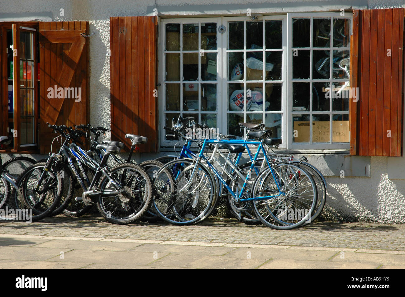 Bikes parked outside cycle shop Stock Photo - Alamy