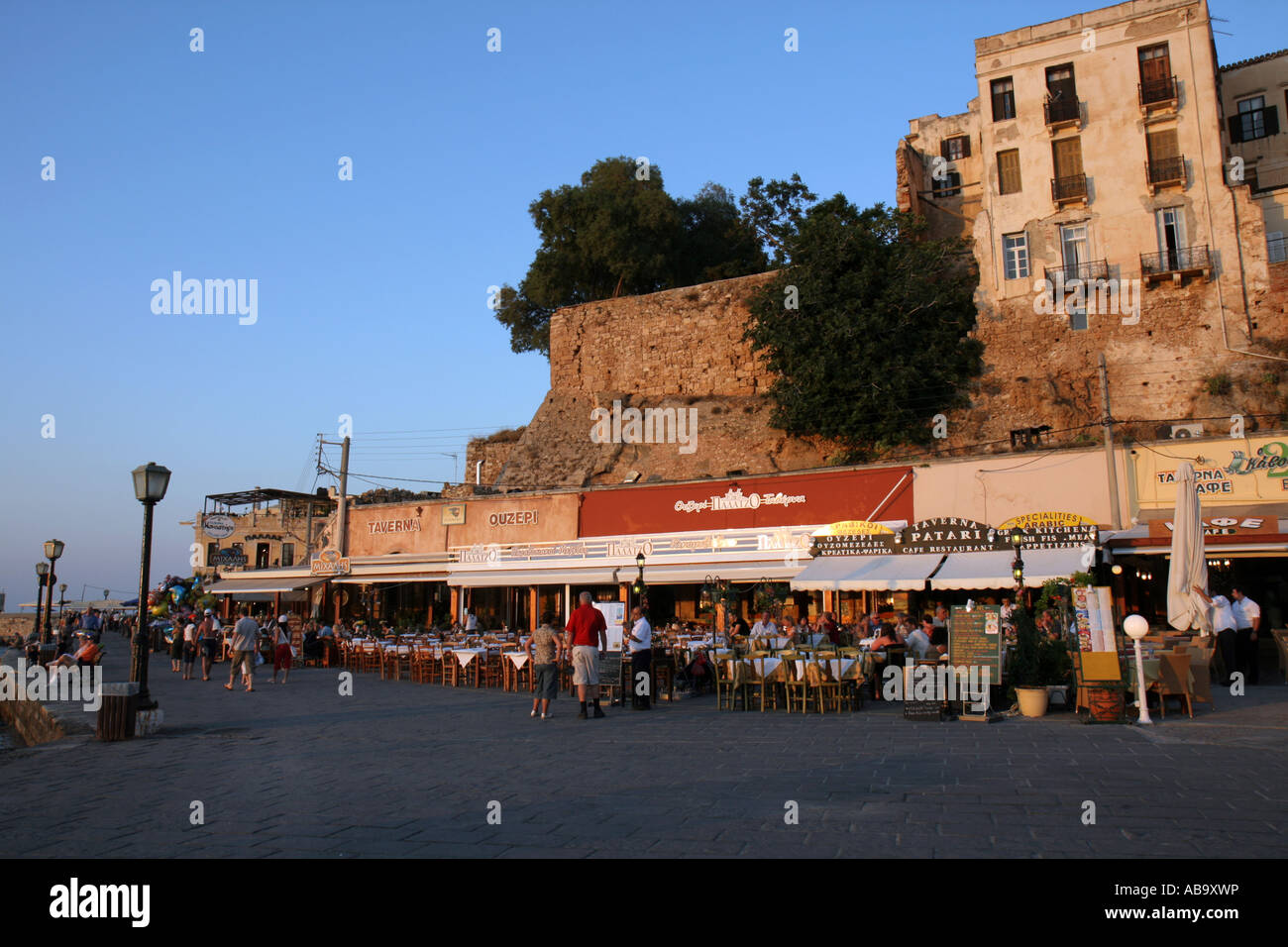 Restaurants at the old Venetian harbour in Chania, Crete, Greece Stock ...