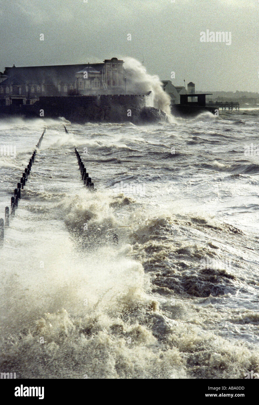 Waves breaking over Knightstone Island and Marine Lake causeway Weston ...