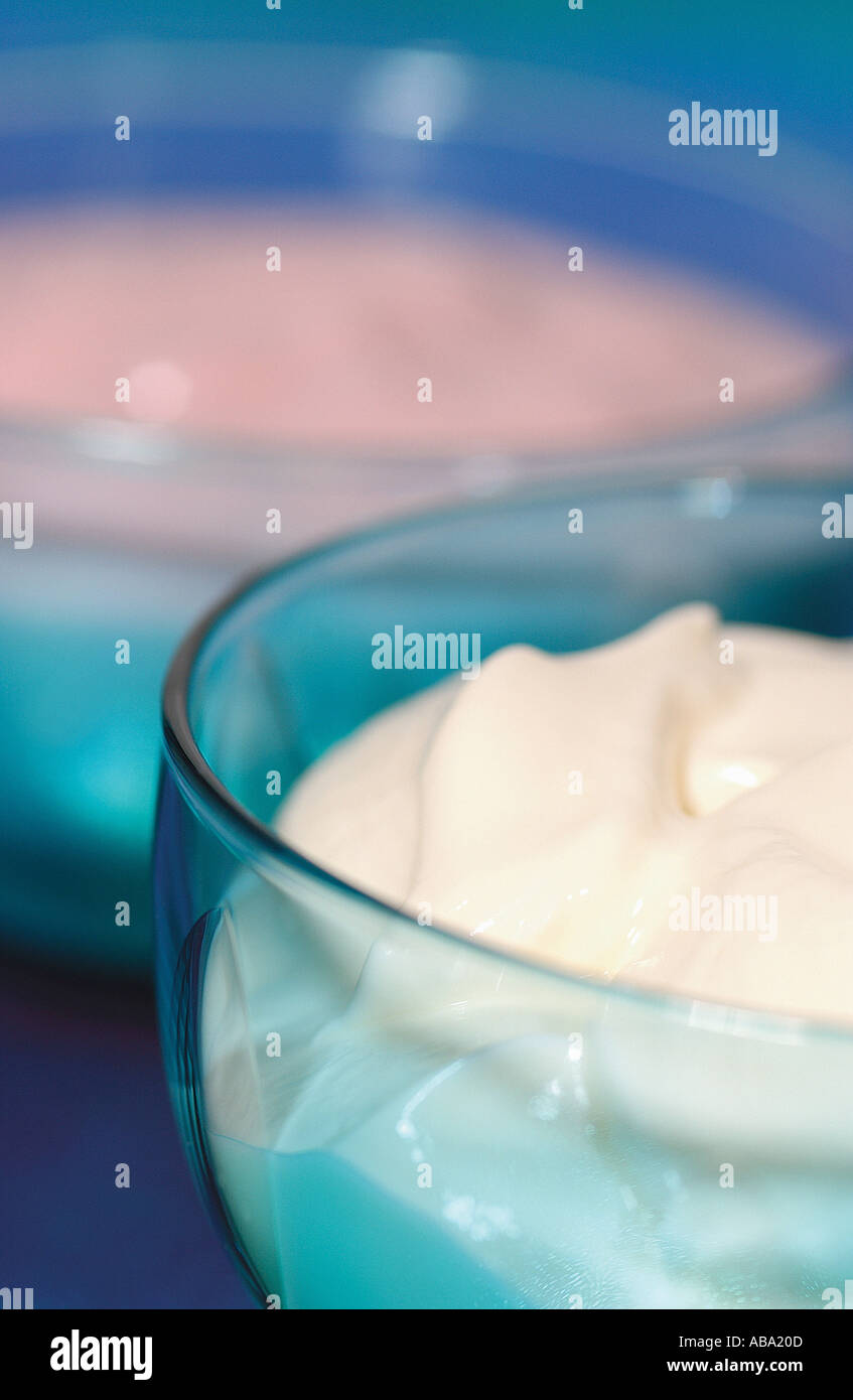 Close up of natural Plain yoghurt yoghourt yogurt in glass dish bowl ...