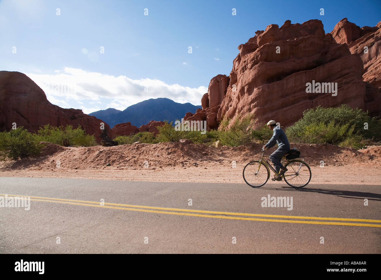 Man riding bicycle on road, Cafayate region, Argentina Stock Photo - Alamy