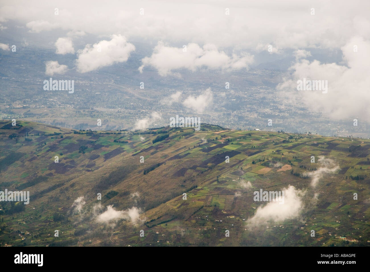 Aerial photograph of fields and landscape of the Andes near Quito ...