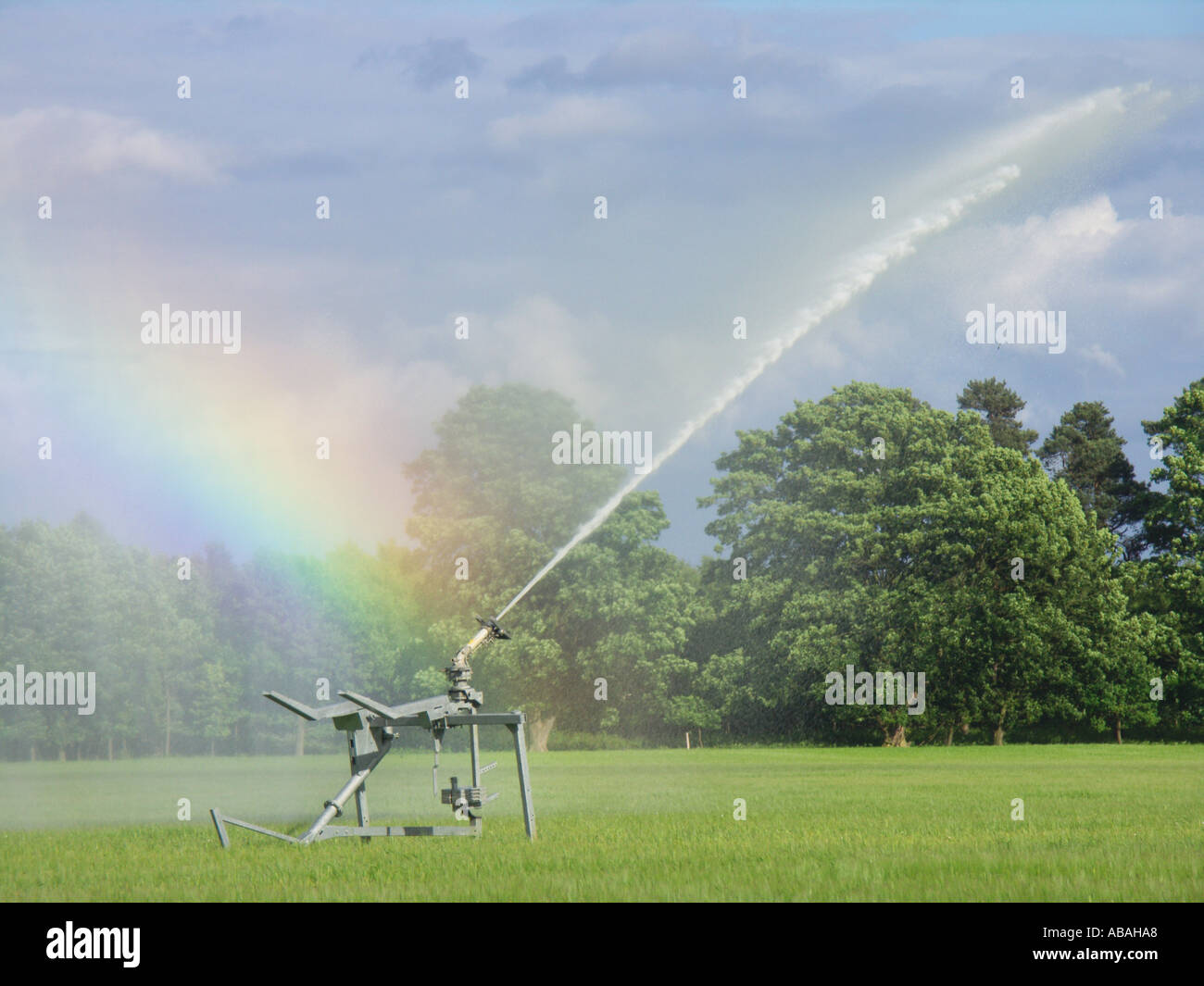 Irrigation sprayer and rainbow effect Stock Photo - Alamy