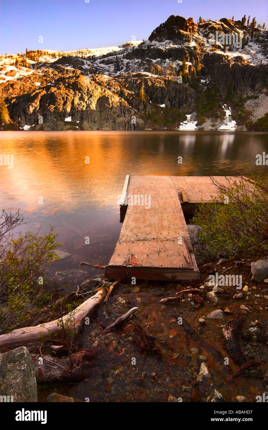 Reflections and a jetty on Castle Lake near Mount Shasta California USA ...