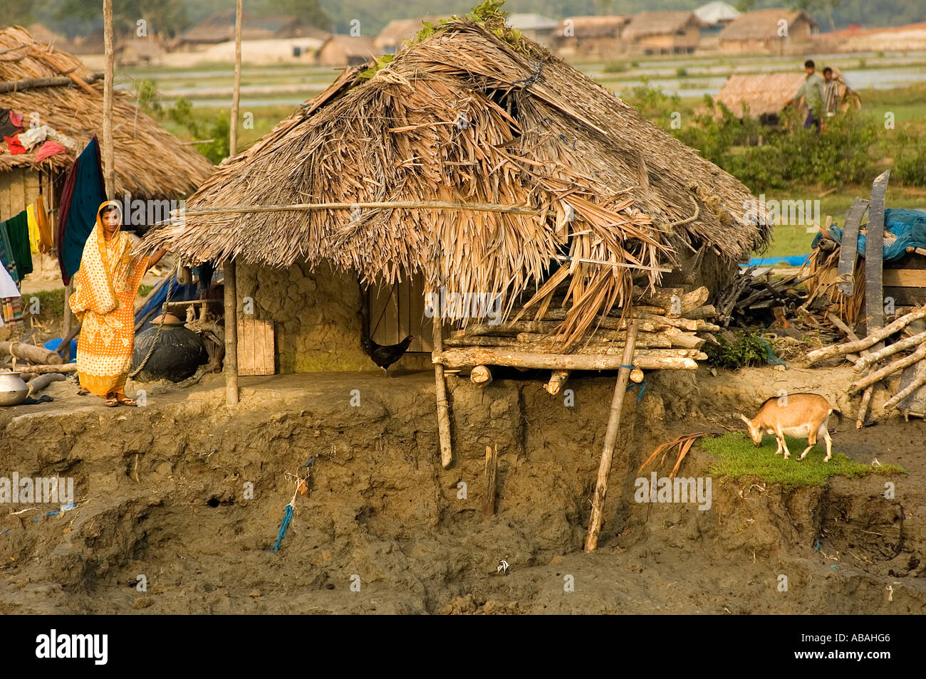 Poor fishing village and thached roof mud houses along Passur River ...