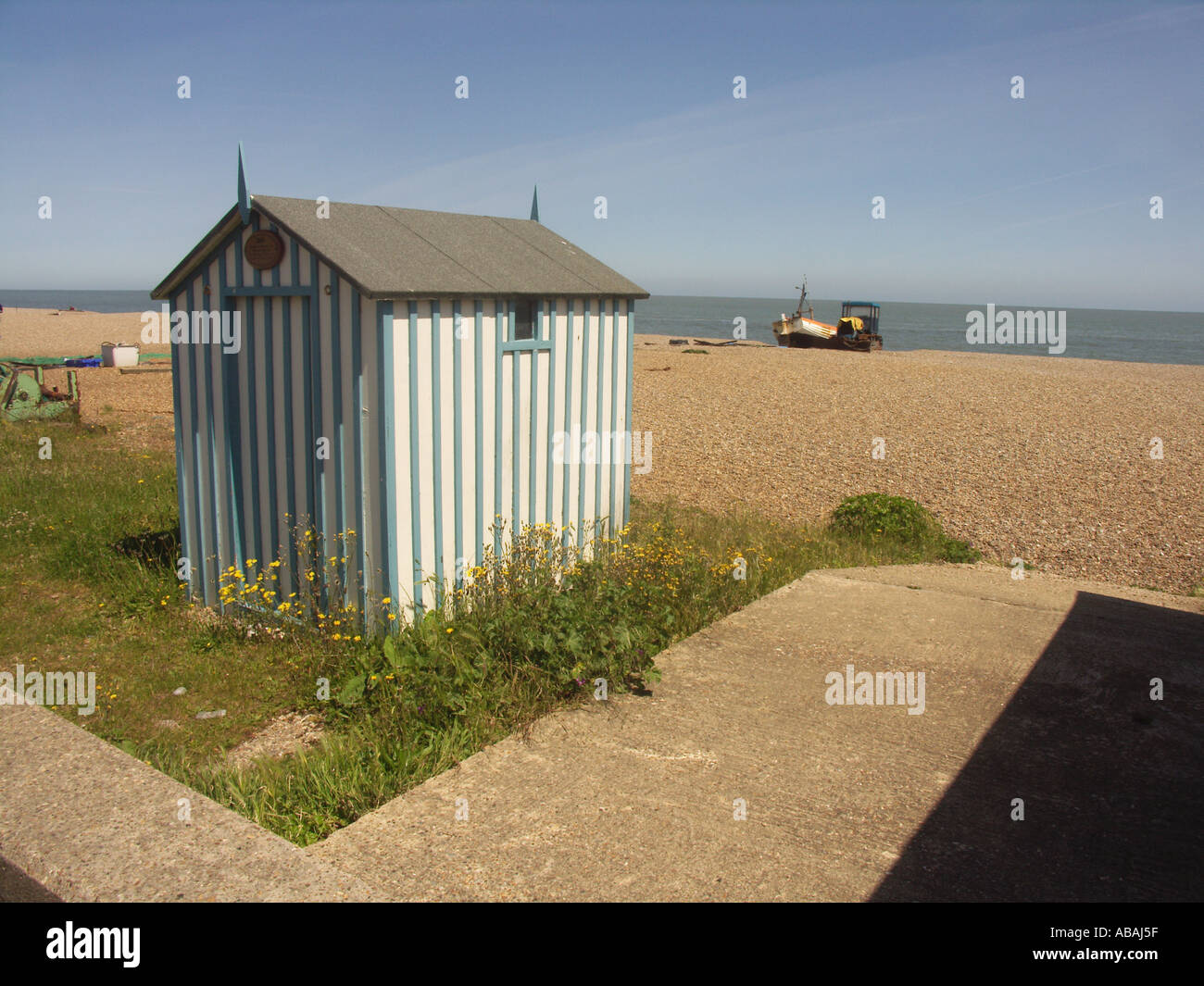 Blue striped bathing hut Aldeburgh beach Suffolk England Stock Photo ...