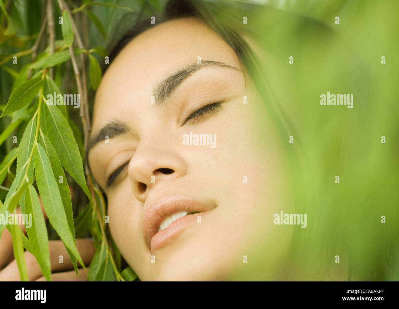 Woman's face next to leaves, eyes shut Stock Photo - Alamy