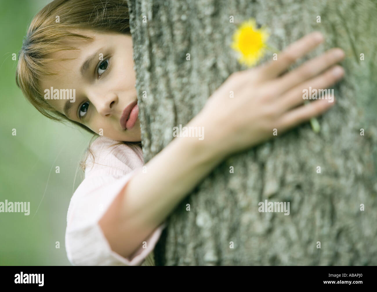 Girl with arm around tree, holding flower Stock Photo - Alamy