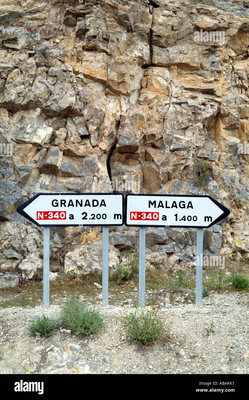 Spanish road sign Granada and Malaga on the N340 coast road. Southern ...