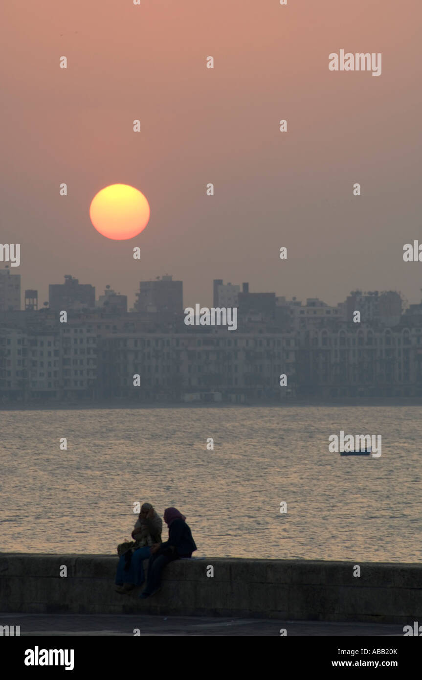 Waterfront at sunset, Mediterranean coast, Alexandria, Egypt Stock ...