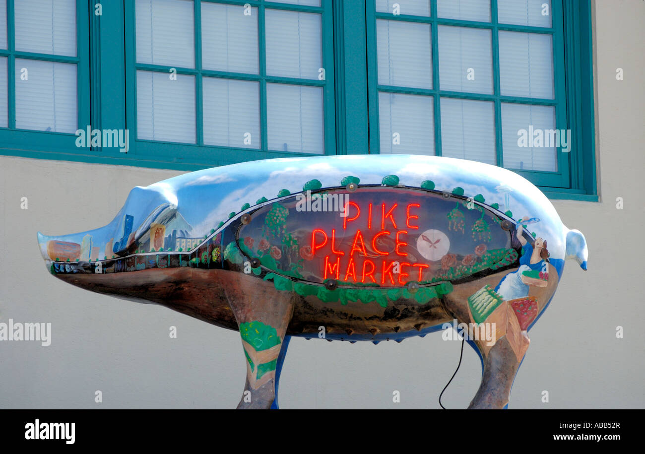 Pike Place Market pig sitting on the roof of a shed welcoming visitors ...