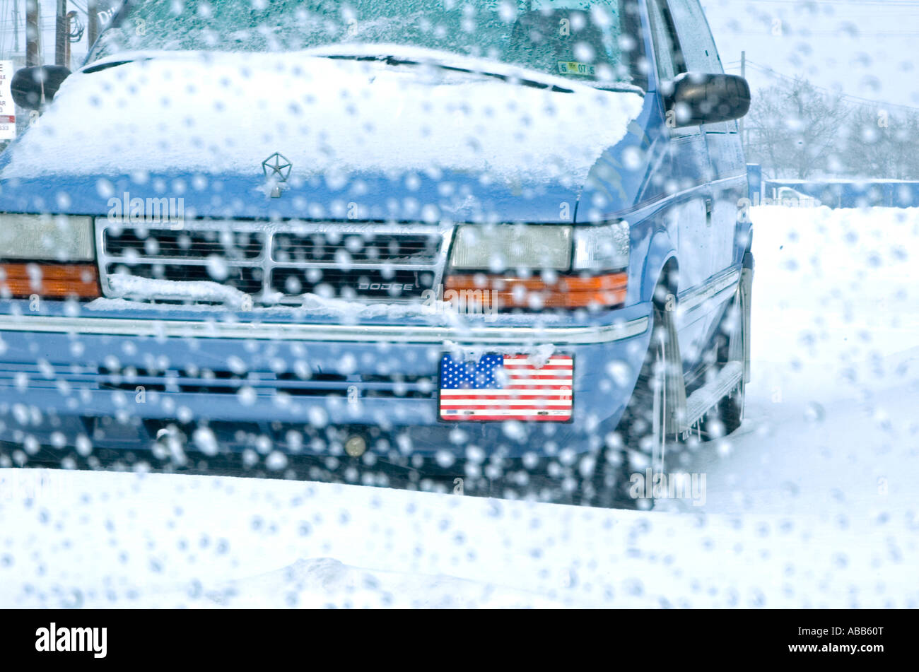 winter street scene from car auto snow van auto transportation Stock ...