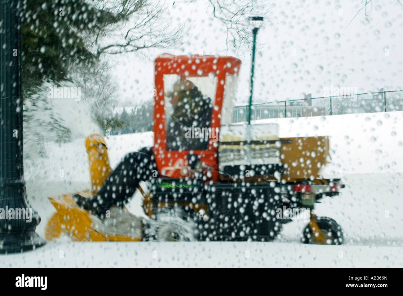 winter street scene from car auto snow plow snowplow Stock Photo - Alamy