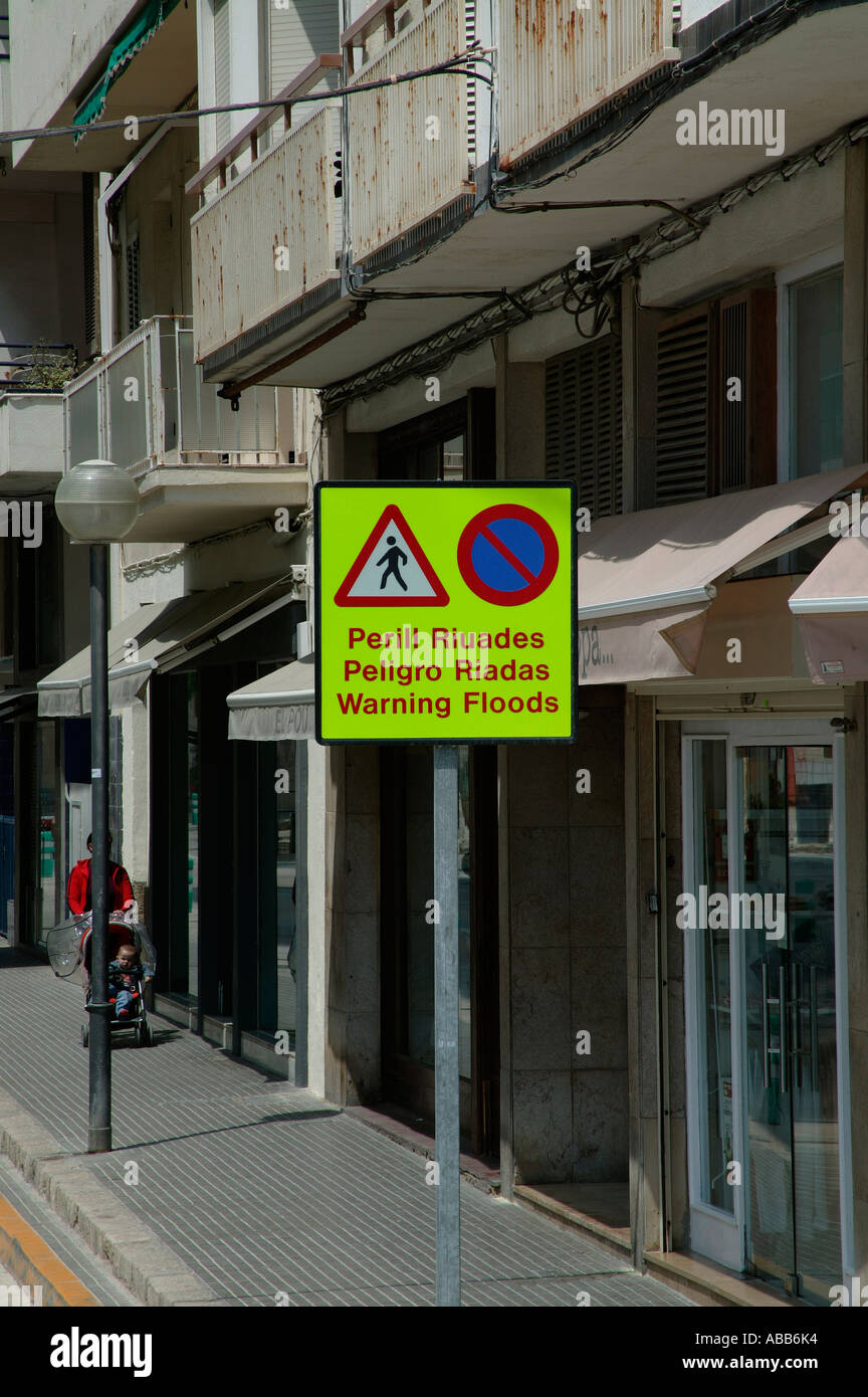 Warning sign for risk of flooding, Sitges, Costa Dorada Catalunya Spain ...