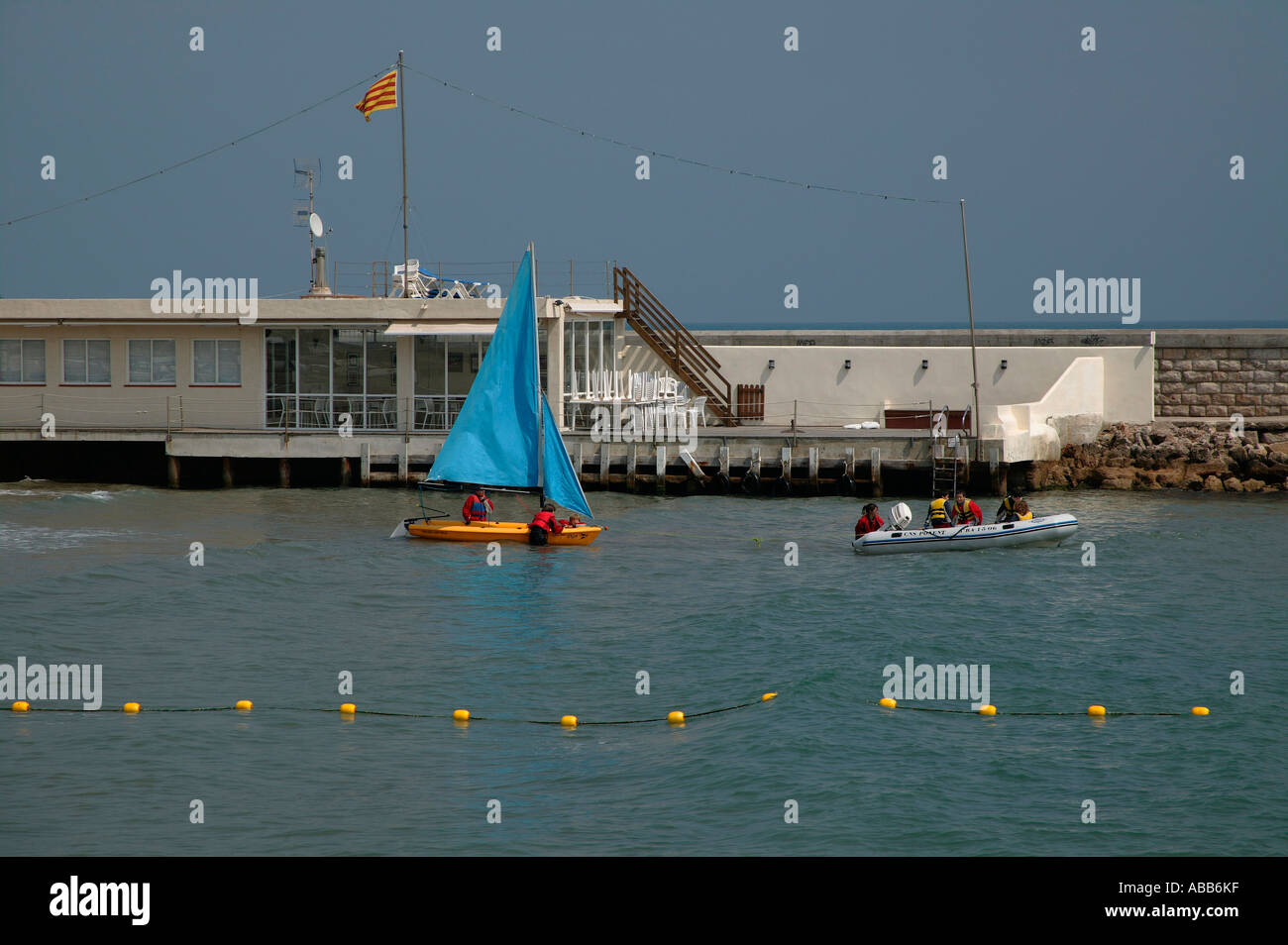 School children, sailing lessons, Sitges, Costa Brava Spain Europe ...