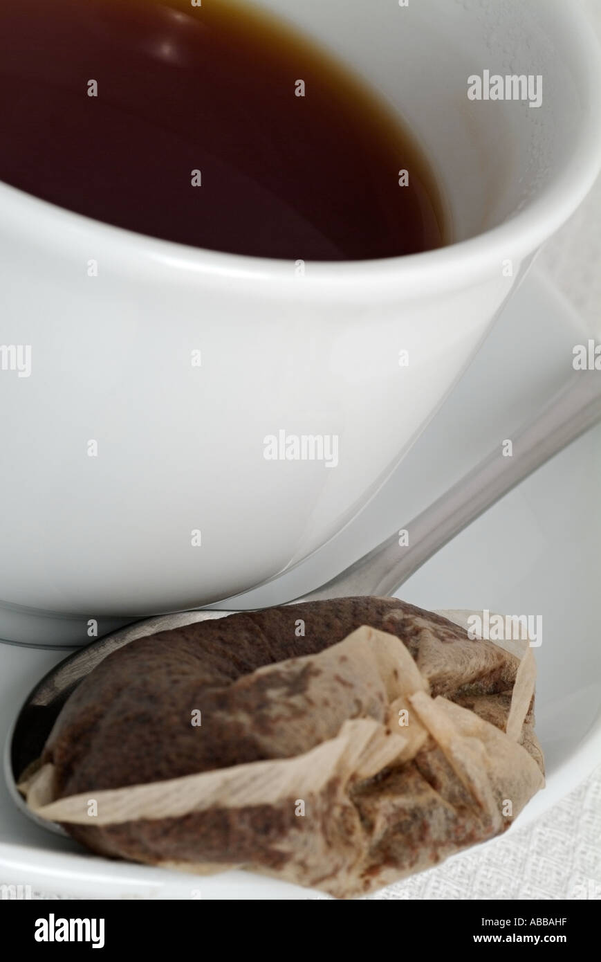 Cup of Black Tea with Used Teabag in the Saucer Stock Photo - Alamy