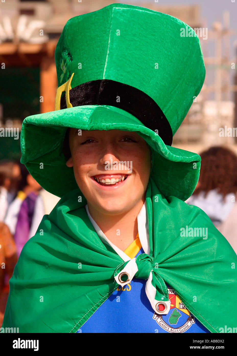Young Schoolboy Dressed In Costume Wearing A Big Green Hat Stock Photo ...