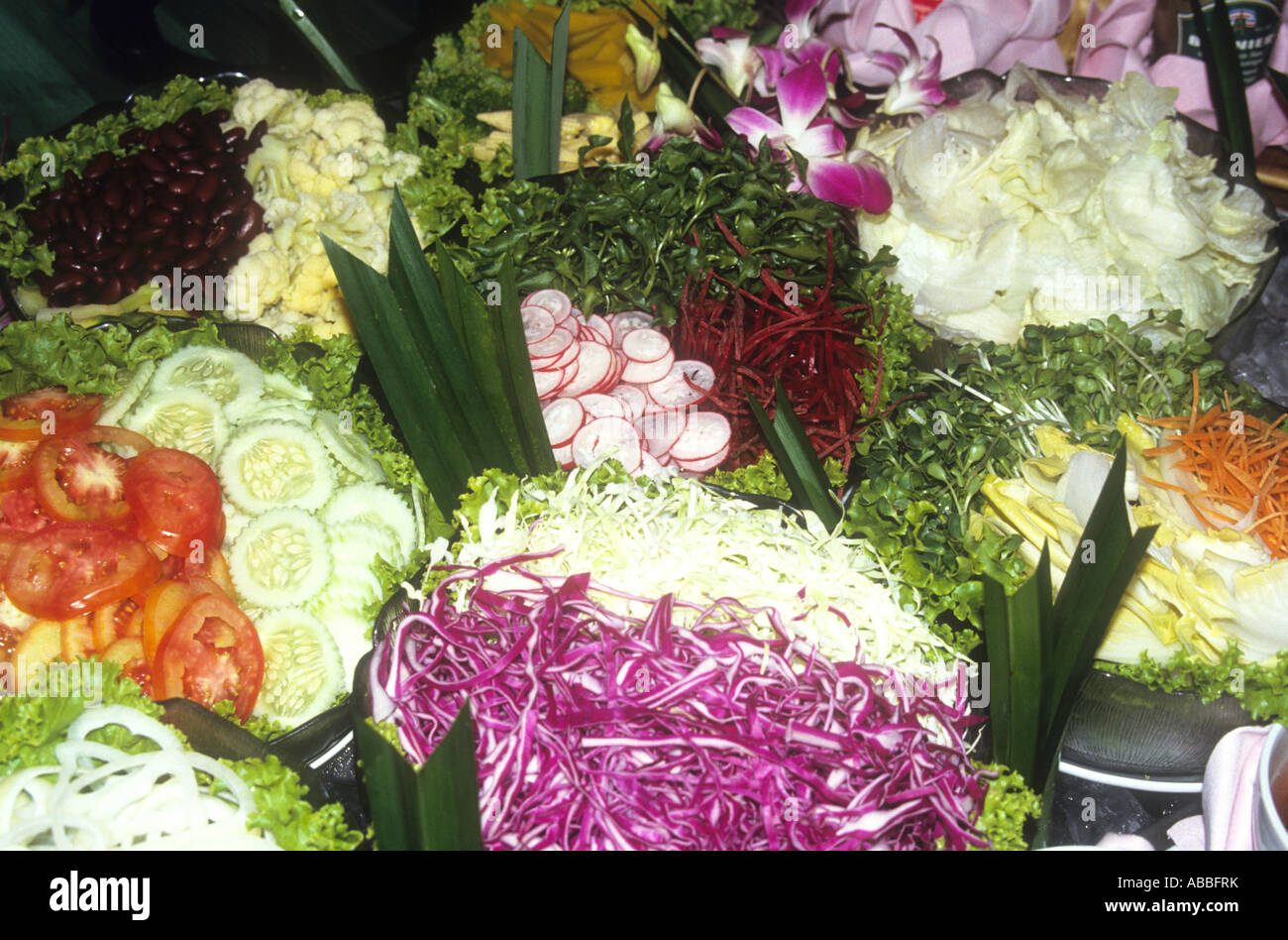 typical exquisite Thai food display of local salads and vegetables ...