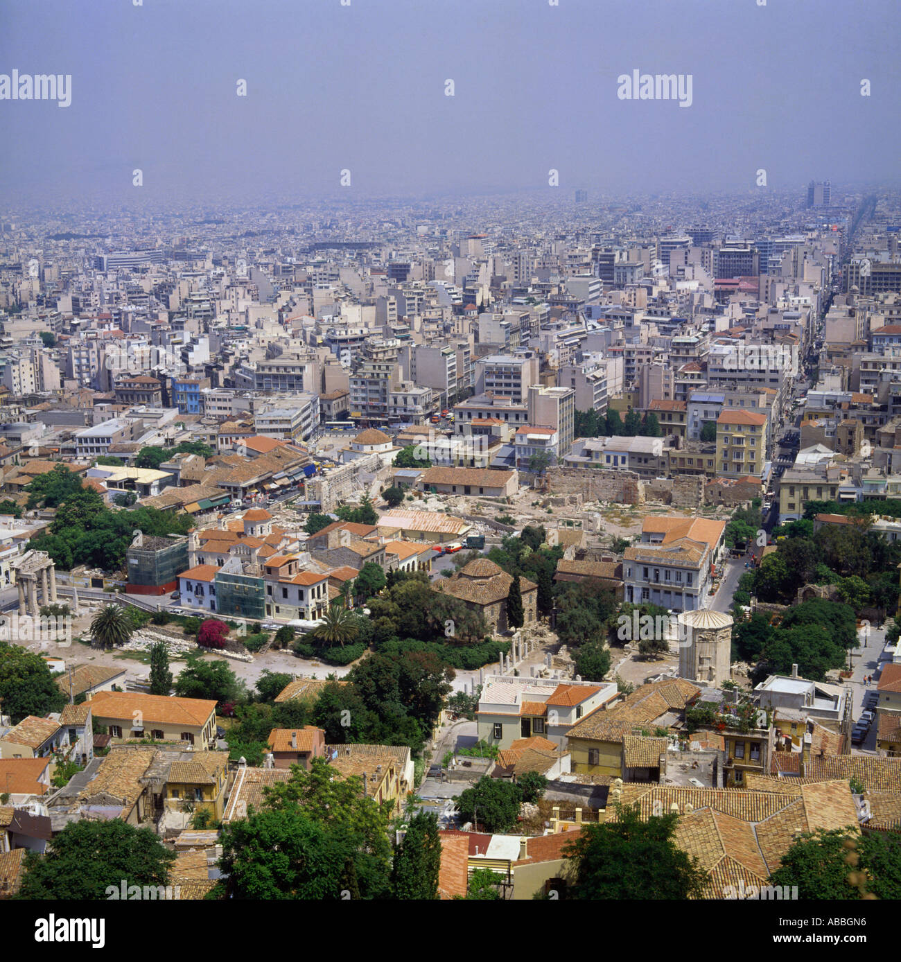 Aerial view of the old quarter Plaka the ‘Tower of the Winds’ and tiled ...