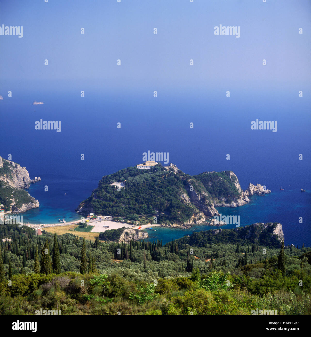 Bella Vista panorama over pine forests and Bay of Liapades ...