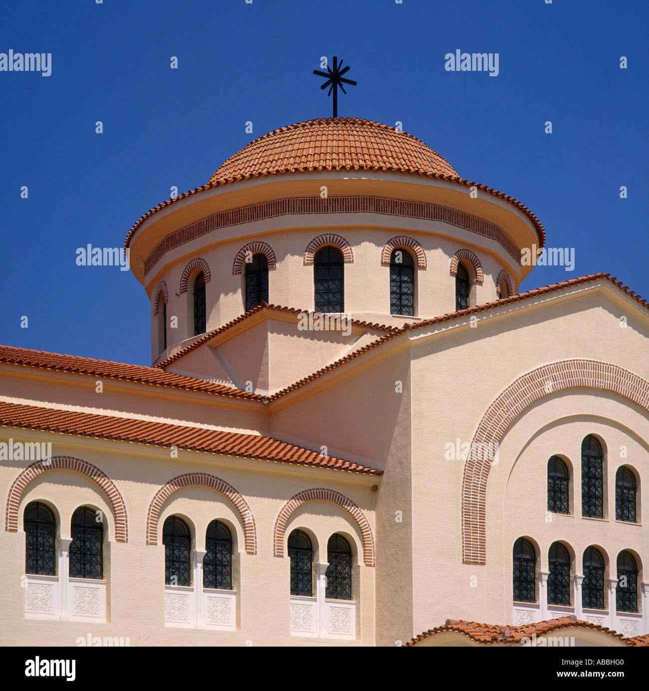St Gerasimos Monastery detail of arched windows in beige walls with ...
