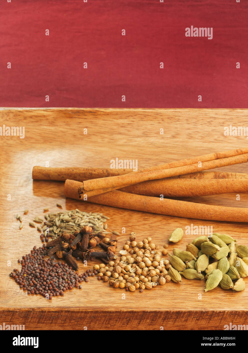 Indian Spices: cinnamon Sticks, cardamon pods, coriander seeds, mustard seeds, cloves, cumin ...