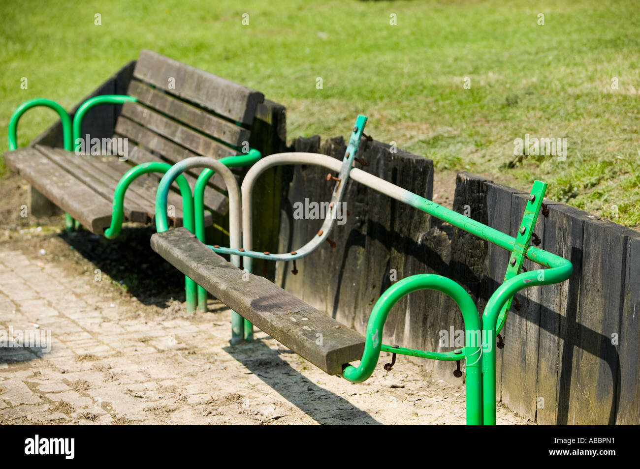 a vandalised park bench in Leicester, UK Stock Photo - Alamy