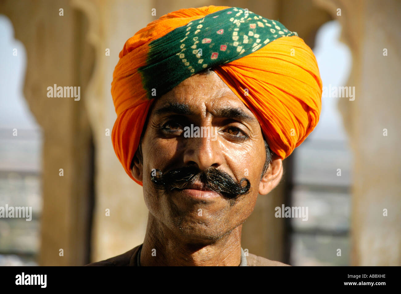 Portrait Rajpute smiling man with moustache and orange turban Jodhpur ...