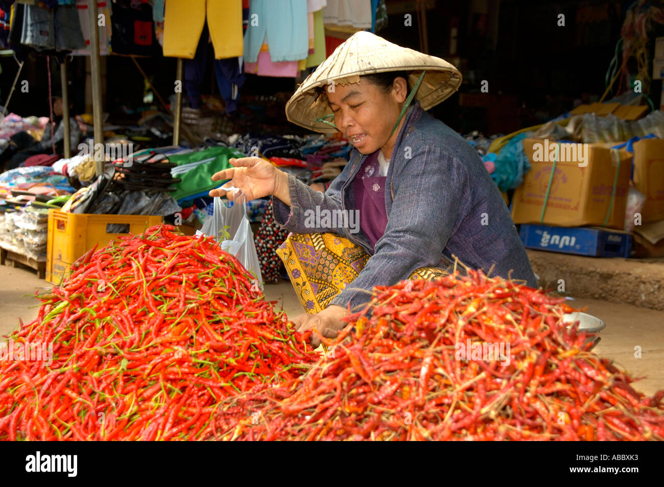 Woman wearing rice hat sells red hot chili peppers Central Market Pakse ...