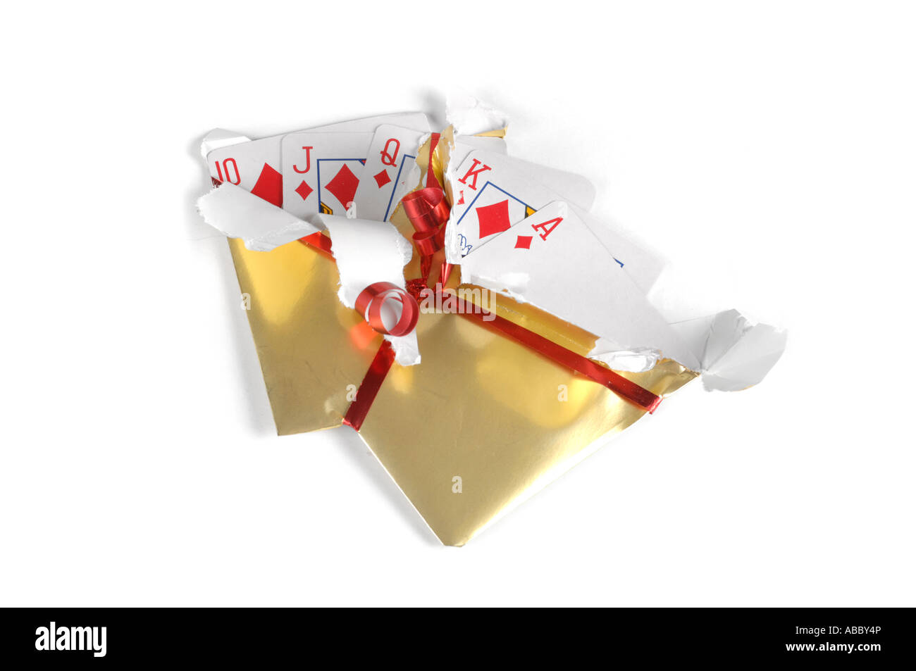 Gift wrapped hand of cards partially unwrapped showing Royal Flush ...