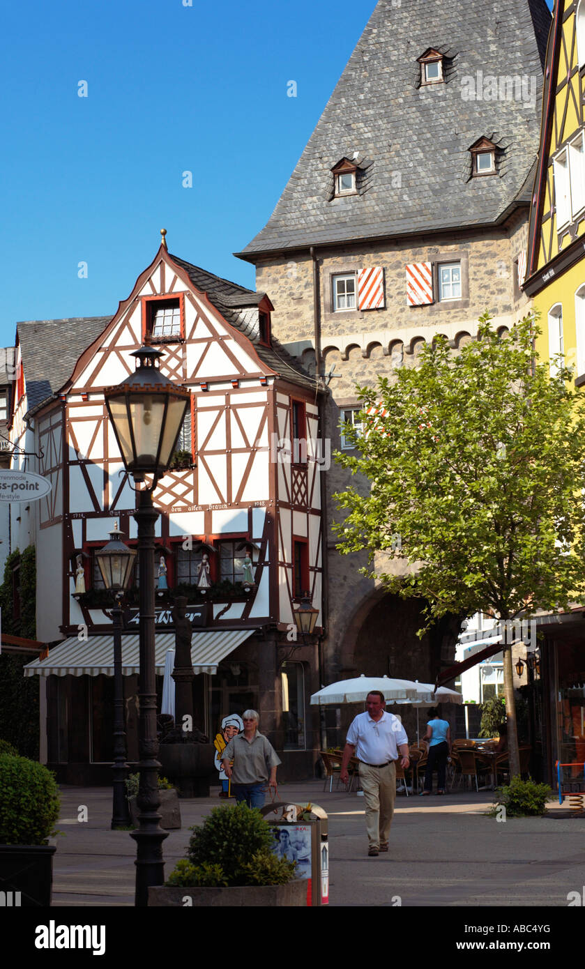 Town gate and timbered houses in the town centre of Mayen, Germany ...