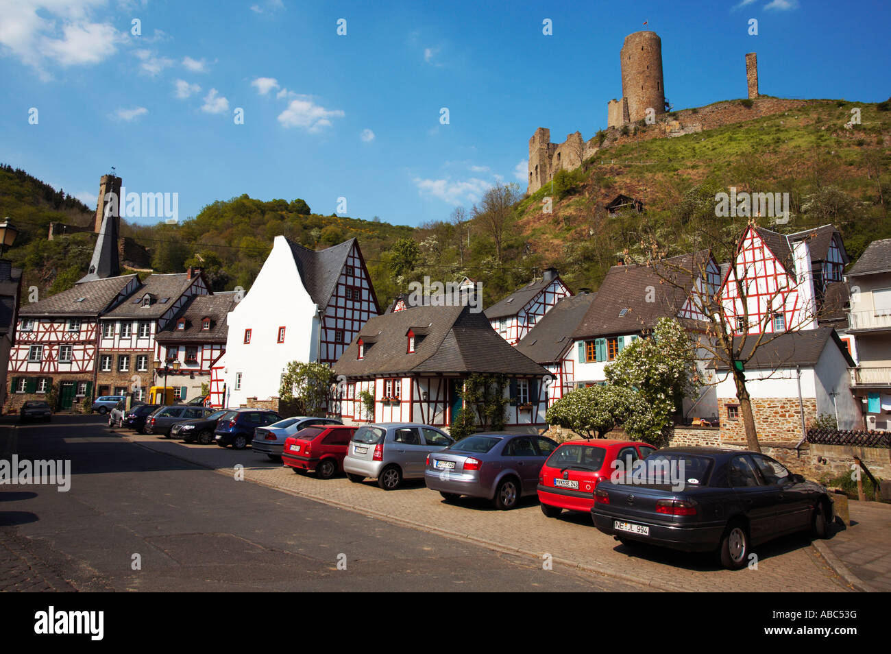 Castles Resch and Löwenburg above the historic village of Monreal ...