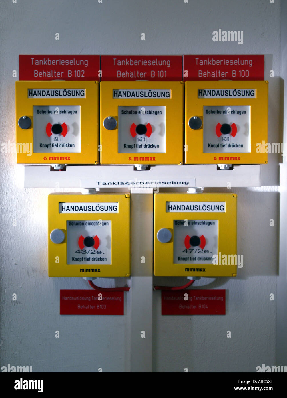 five yellow alarm boxes with red labels Stock Photo - Alamy