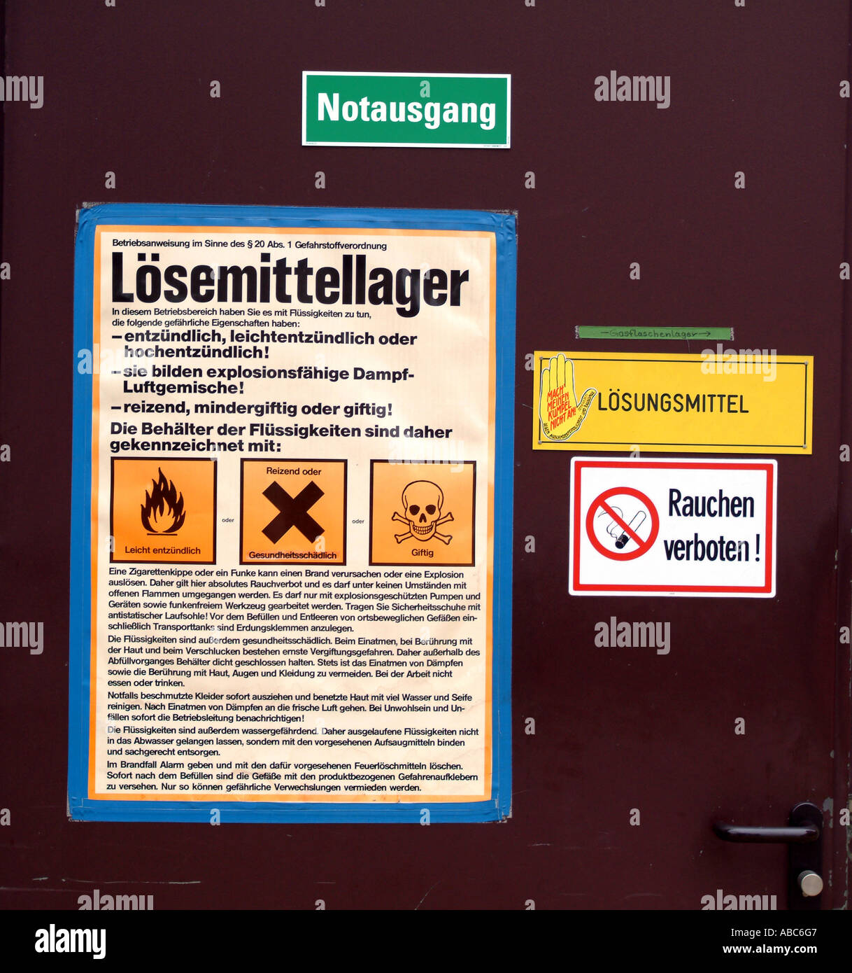 Sign for solvent storage, emergency exit Stock Photo - Alamy