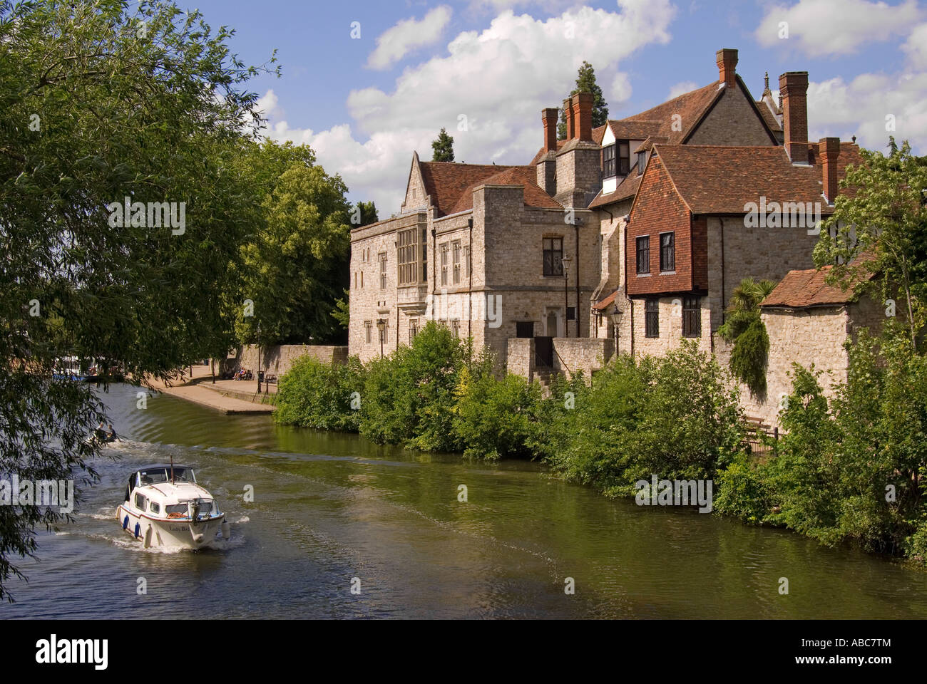 Maidstone, Kent, England, UK. Archbishop's Palace and boat on the River ...