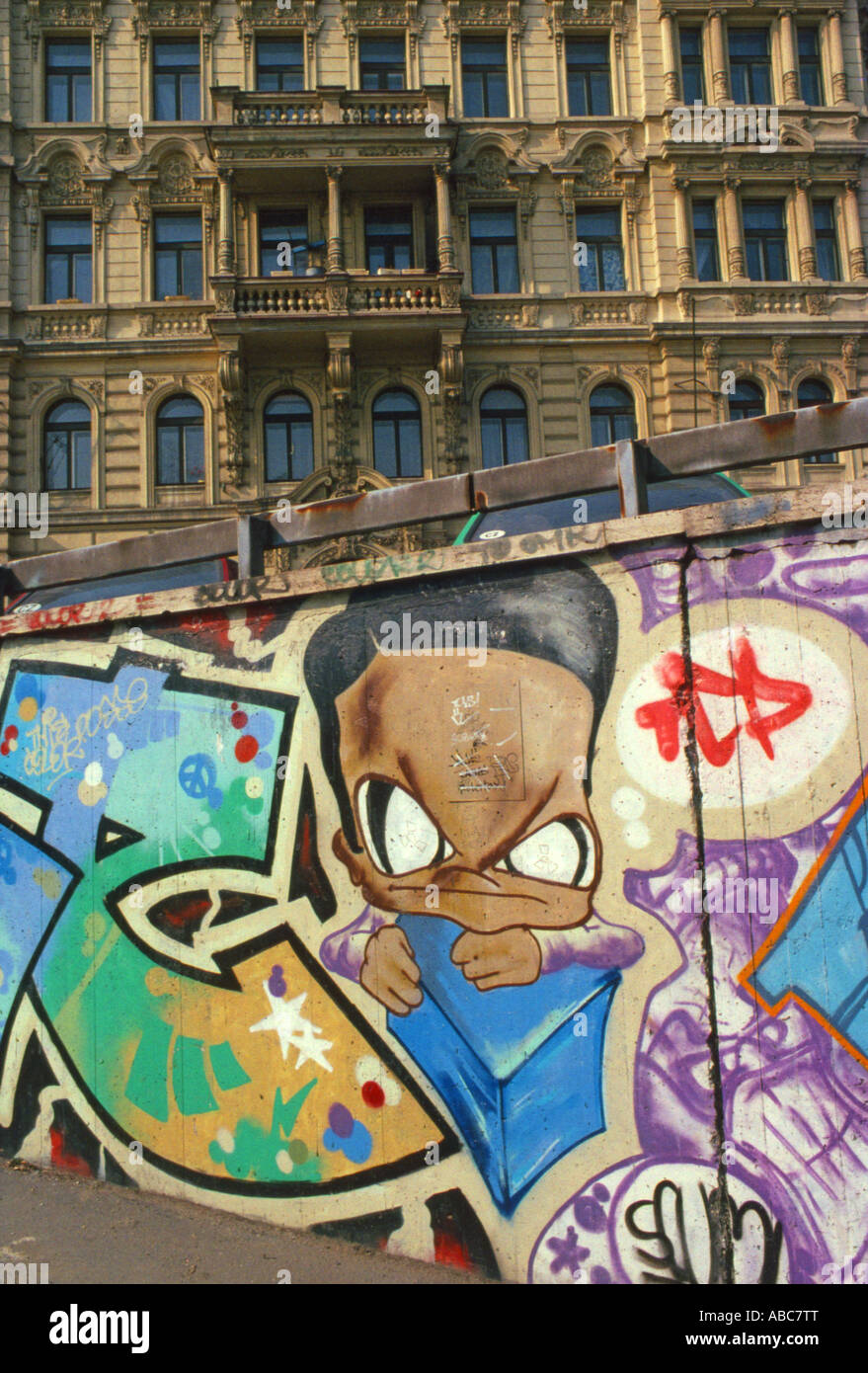 Prague, Czech Republic. Graffiti on wall in front of apartment block ...