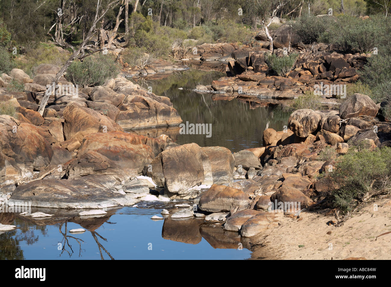 rock and boulder dominated Australian outback river landscape in the ...
