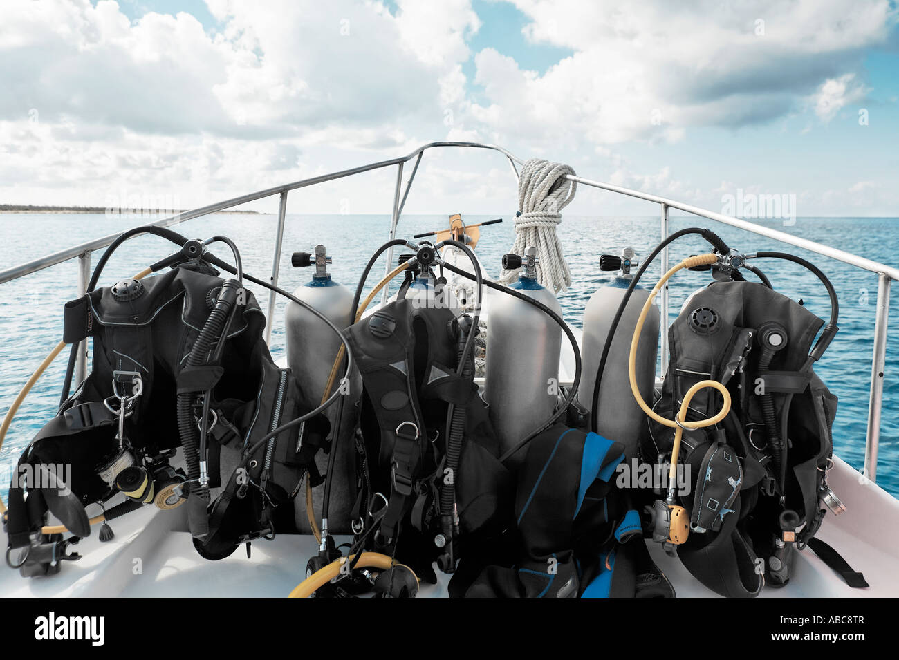 scuba diving equipment on a boat on a sea Stock Photo - Alamy