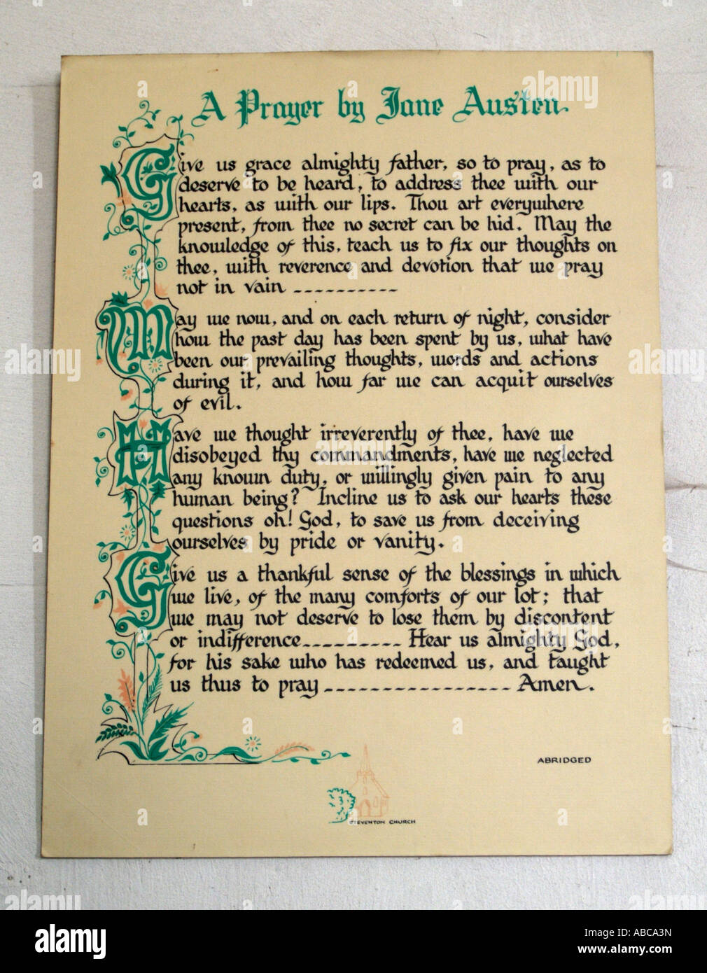 prayer by Jane Austen on the church wall Her father was Rector of 12 ...