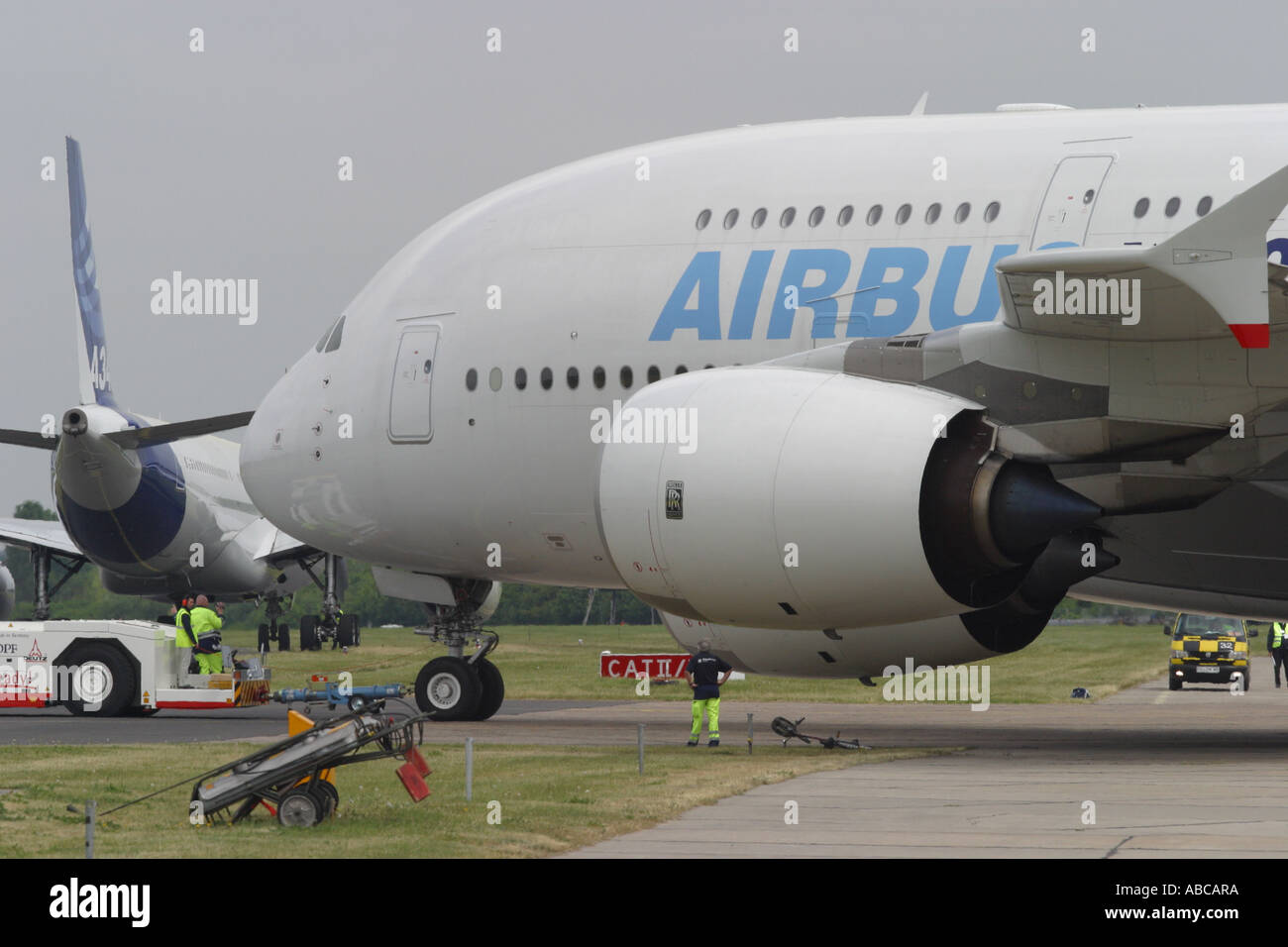 Airbus A380 Airbus being towed across airport ramp apron taxiway Stock ...
